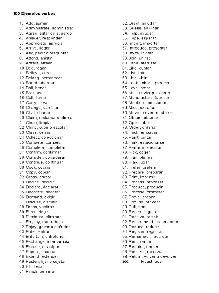 100 Ejemplos Verbos Pdf