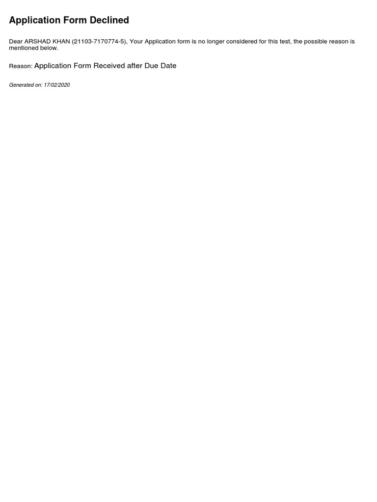 Application Declined: Form Received After Due Date | PDF