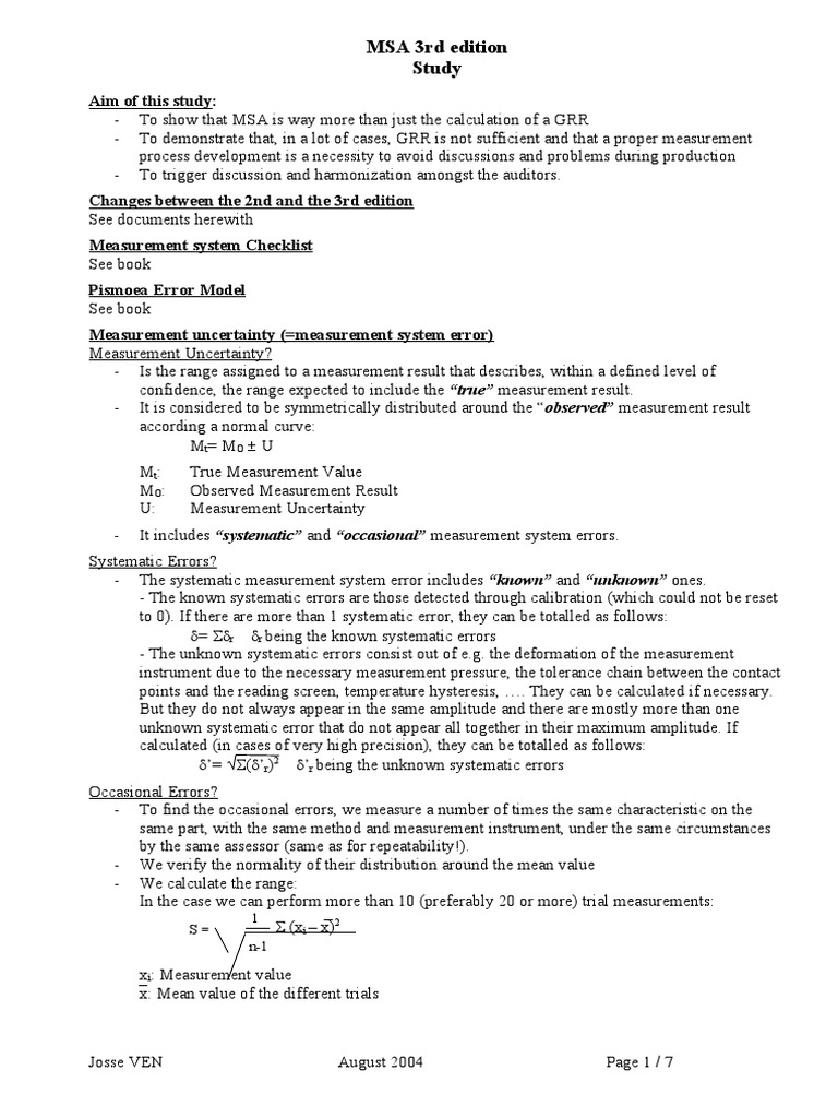 MSA 3rd Edition Study: Aim of This Study | PDF | Observational Error ...