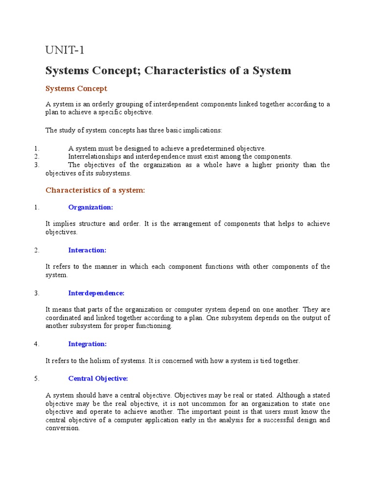 Systems Concept Characteristics of A System: UNIT-1 | PDF | Conceptual ...