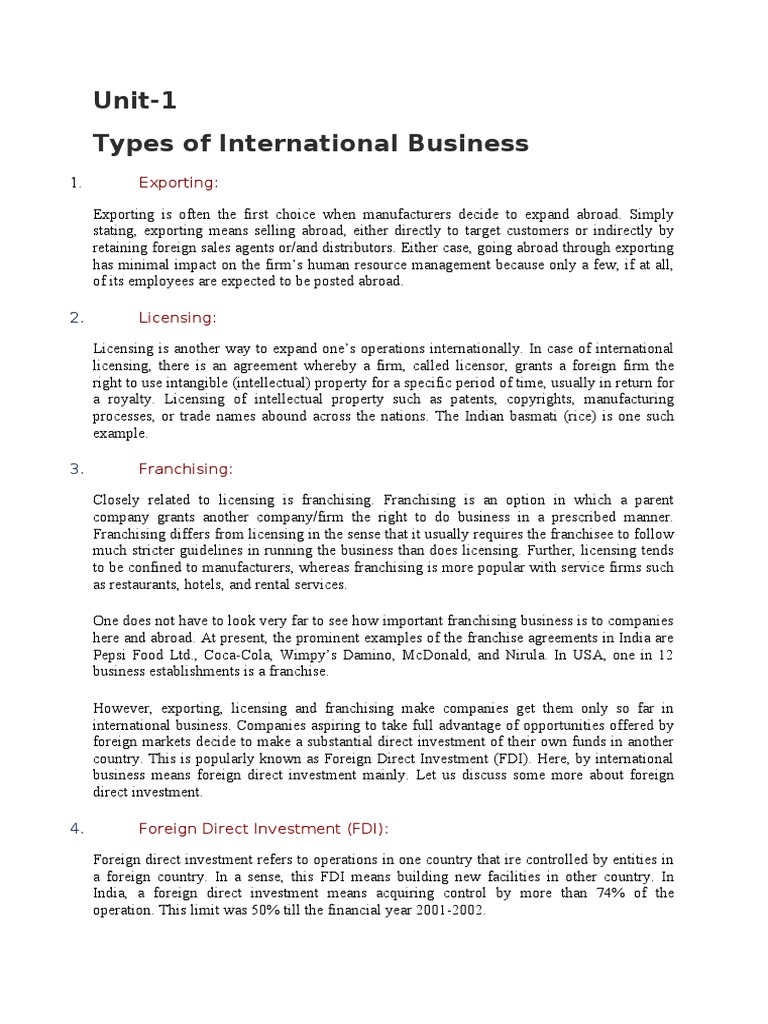 Unit-1 Types of International Business: Exporting | PDF | Foreign ...