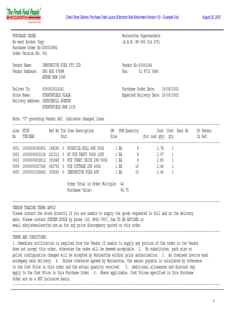 Direct Store Delivery Purchase Order Layout (Electronic Mail Attachment ...