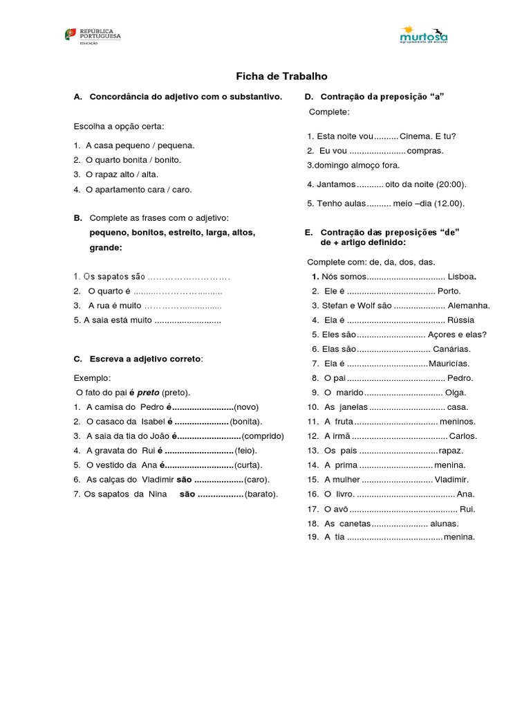 Ficha de Trabalho-Adj. - Prep. | PDF