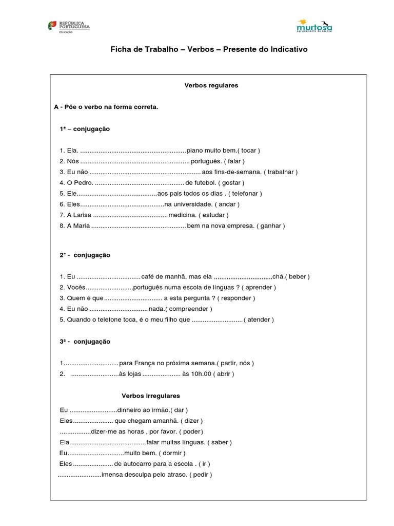 Ficha de Trabalho – Verbos – Presente do Indicativo: Conjugação de ...