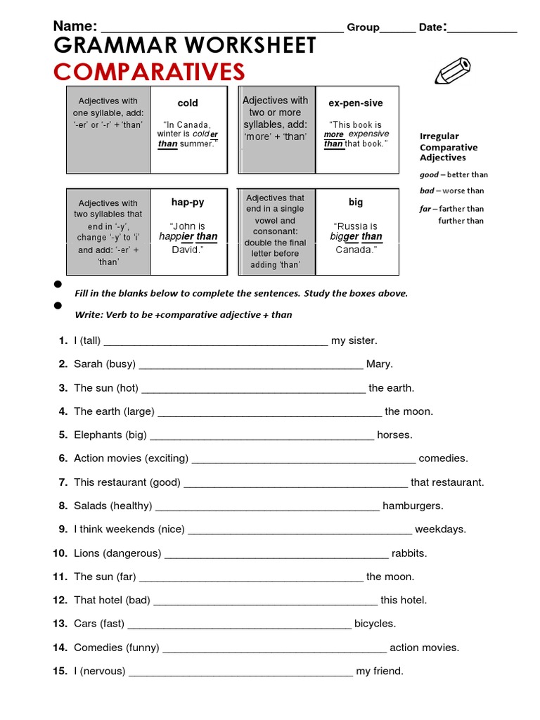 Comparatives: Grammar Worksheet | PDF | Adjective | Human Communication