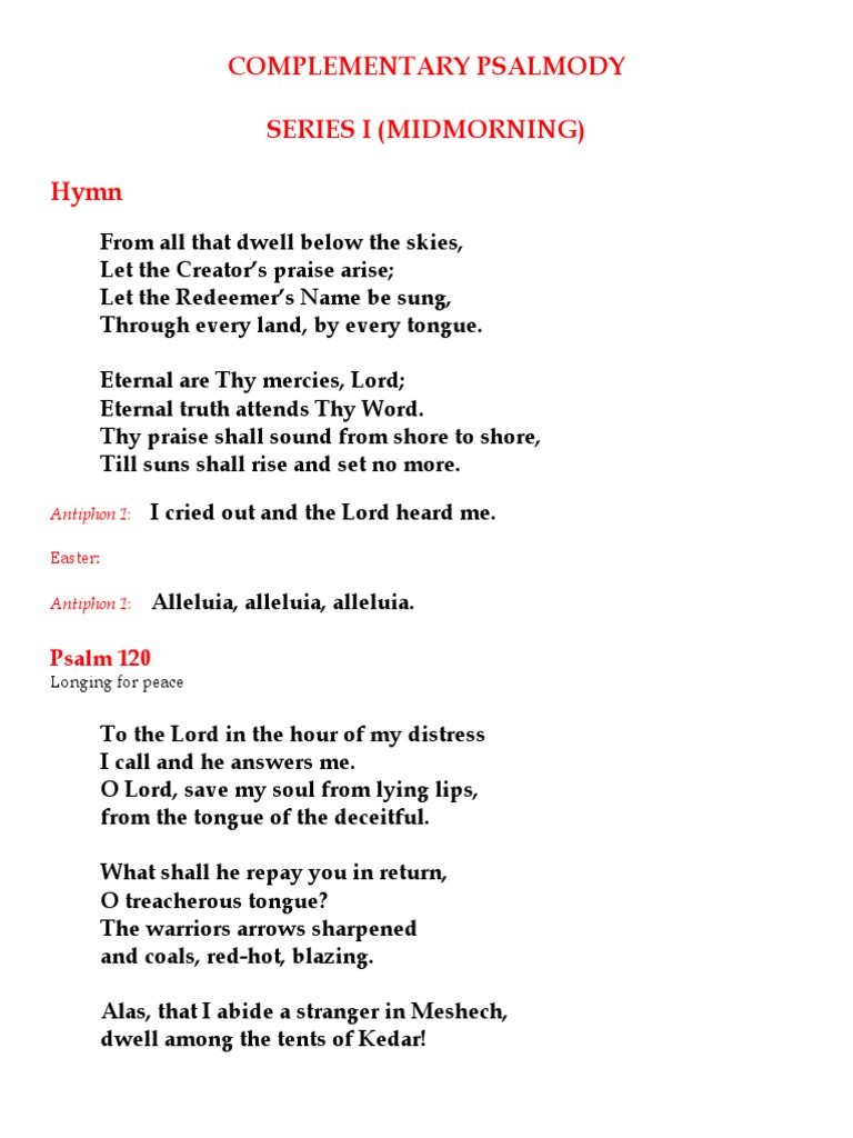 Complementary Psalmody Series I (Midmorning) Hymn: Psalm 120 | PDF ...