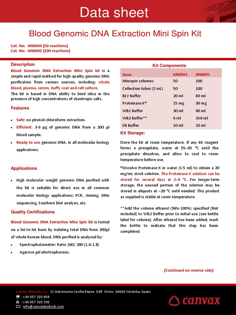 Blood DNA Extraction Mini Spin Kit | PDF | Laboratories | Scientific ...
