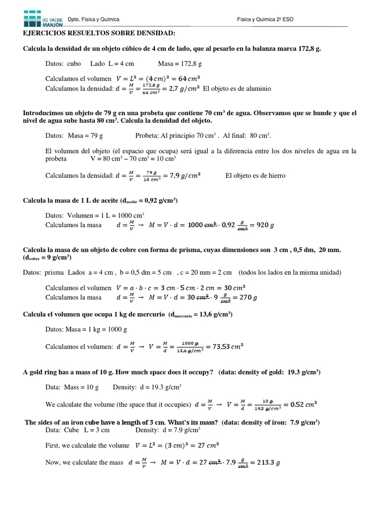 Ejercicios Resueltos de Densidad 2º ESO | PDF | Science | Química