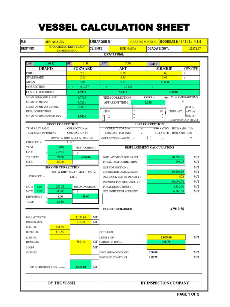 Vessel Calculation Sheet: Drafts Forward AFT Midship | Download Free ...