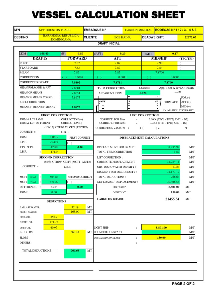 Vessel Calculation Sheet: Drafts Forward AFT Midship | PDF | Fuel Oil ...