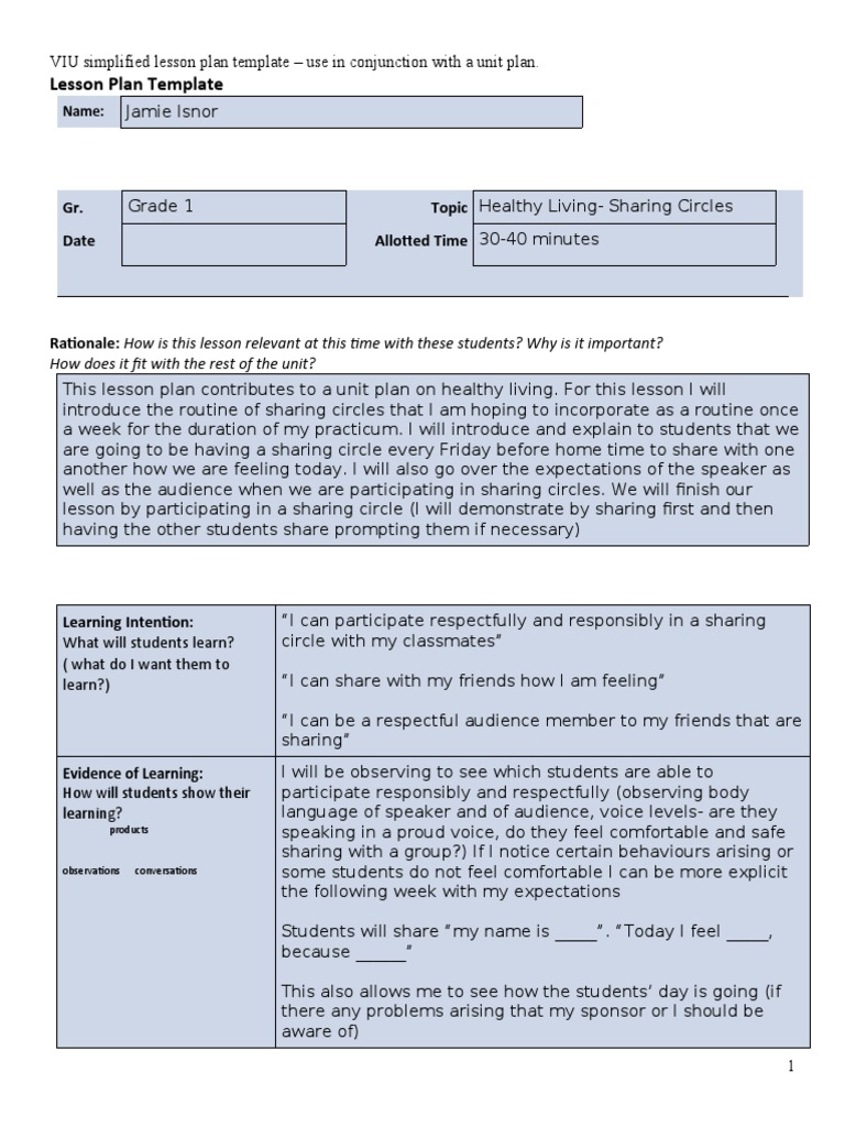 Sharing Circle Lesson Plan | PDF | Lesson Plan | Applied Psychology