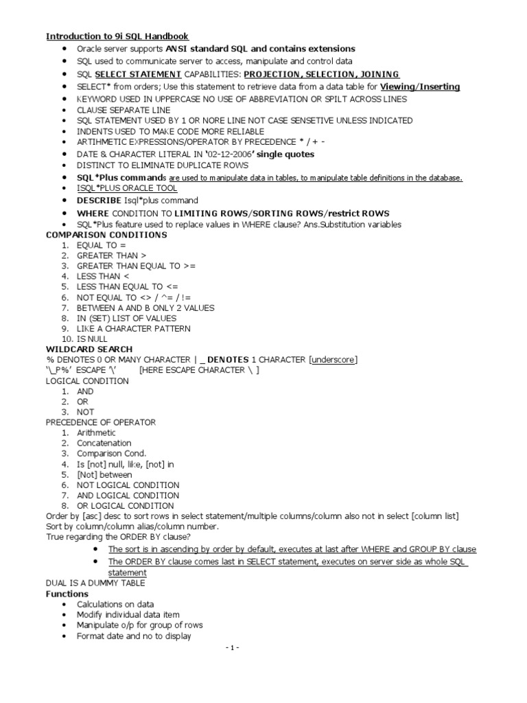 Oracle9i Introduction To 9i SQL Handbook | PDF | Database Index | Sql