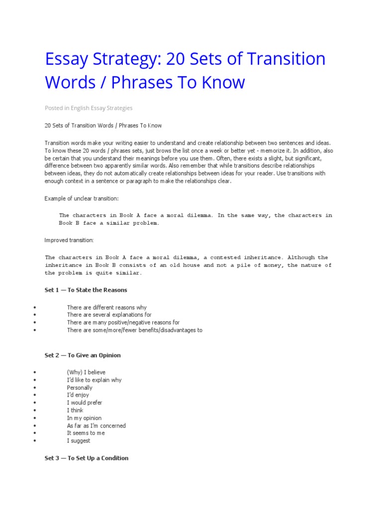 Essay Strategy: 20 Sets of Transition Words / Phrases To Know | PDF ...