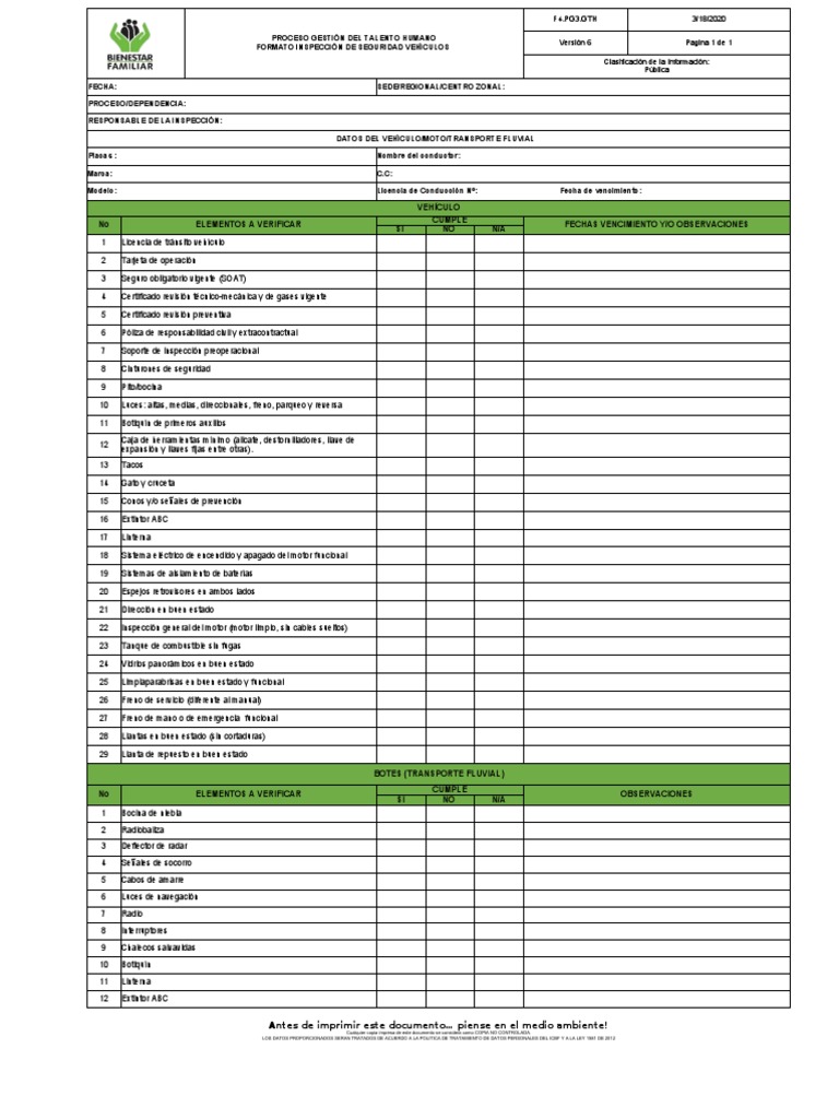 f4.pg3 .GTH Formato Inspeccion de Seguridad Vehiculos v6 | PDF | Vehículos | Vehículos terrestres