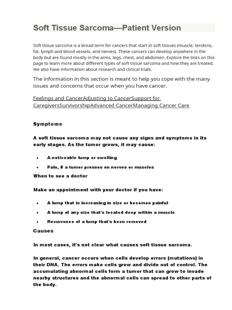 Soft Tissue Sarcoma-Patient Version: Symptoms | PDF | Sarcoma | Cancer