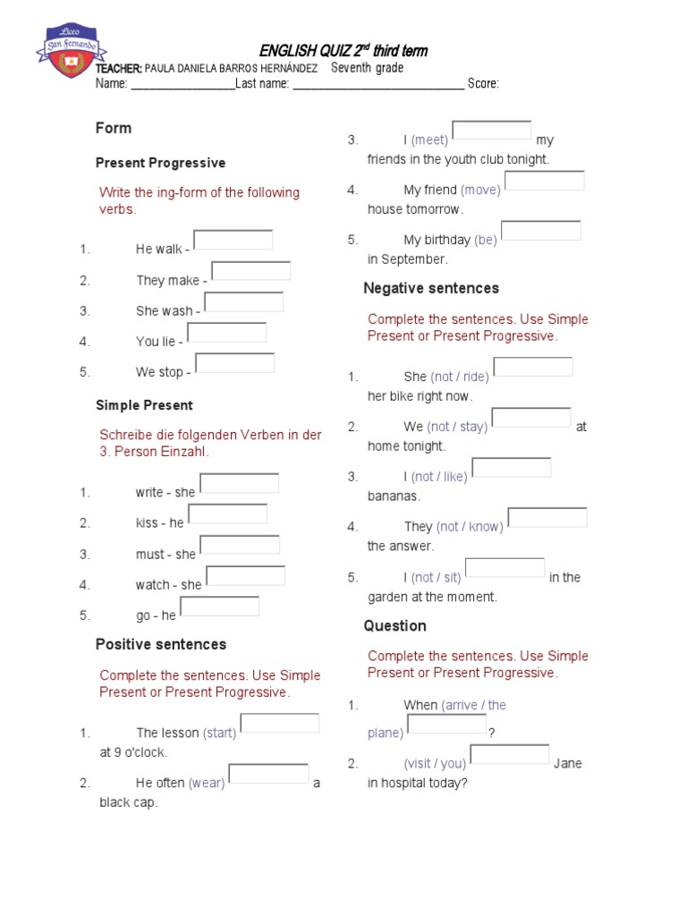 Seventh Grade English Quiz: Tenses | PDF | Morphology | Semiotics