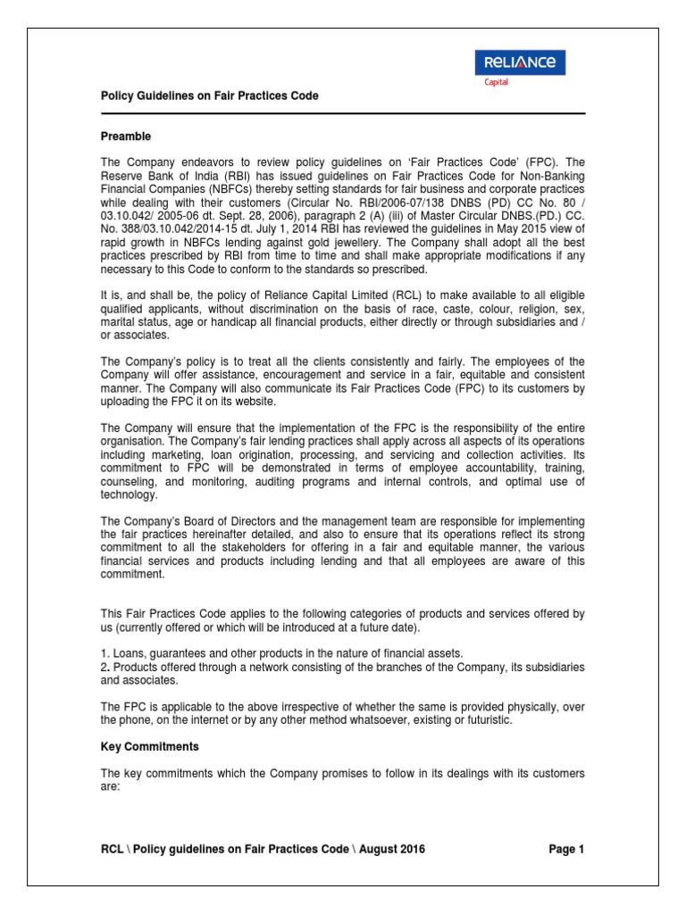 NBFC Fair Practices Code Guide | PDF | Loans | Reserve Bank Of India