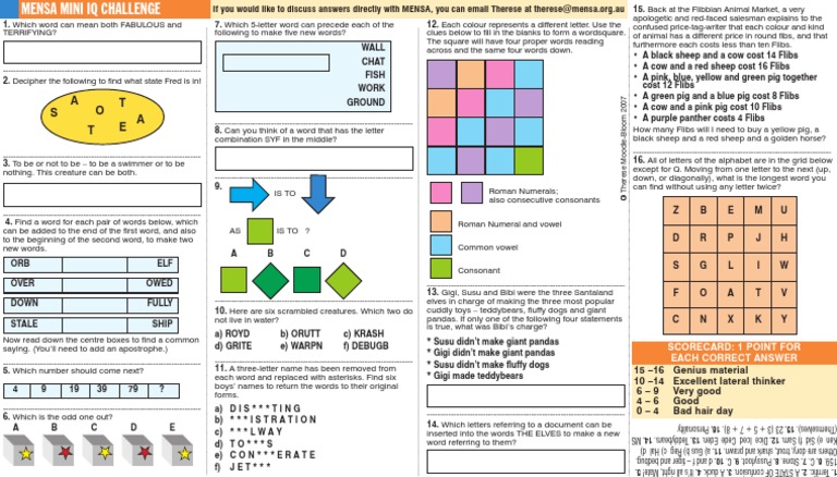Mensa Mini IQ Challenge | PDF | Linguistics