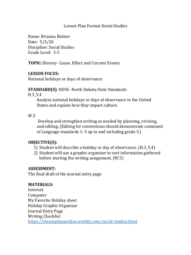 Final Social Studies Lesson Plan | PDF | Lesson Plan | Behavior ...