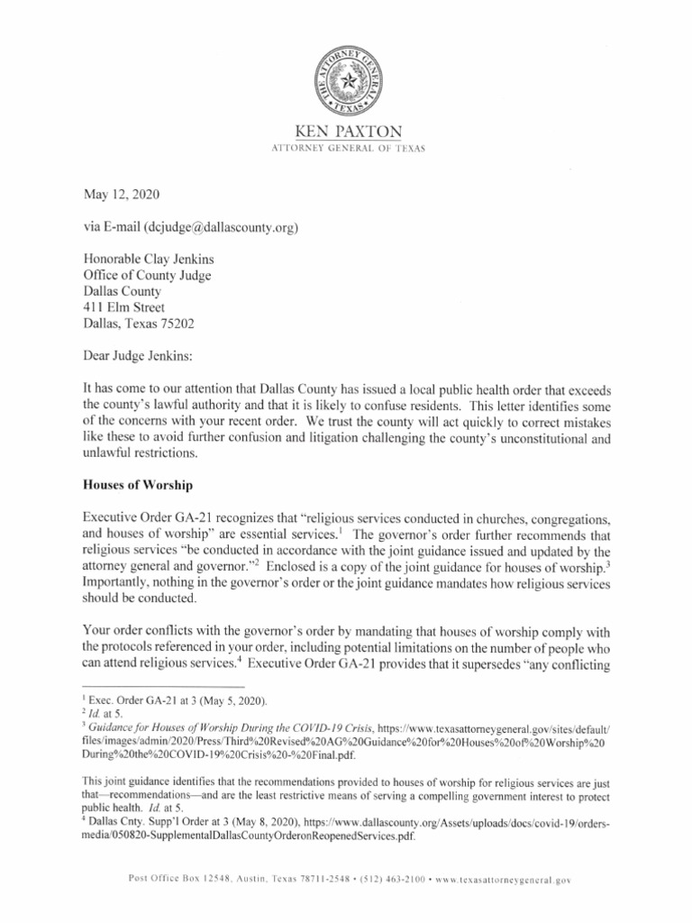 Texas AG Letter To Dallas County | PDF