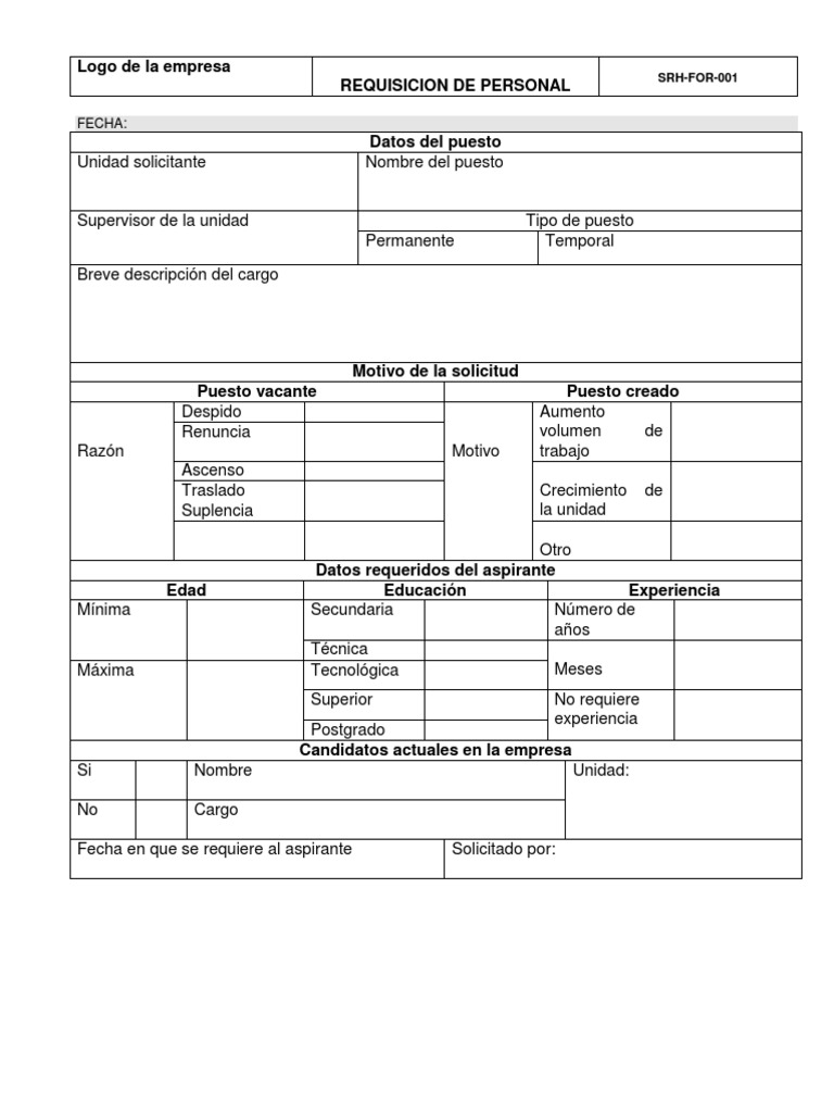 Formato de Requisicion de Personal. Ejemplo 2 | PDF