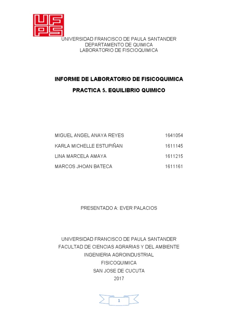 INFORME DE LABORATORIO DE FISICOQUIMICA Practica 5.. | PDF | Equilibrio ... INFORME DE LABORATORIO DE FISICOQUIMICA Practica 5.. | PDF | Equilibrio ...
