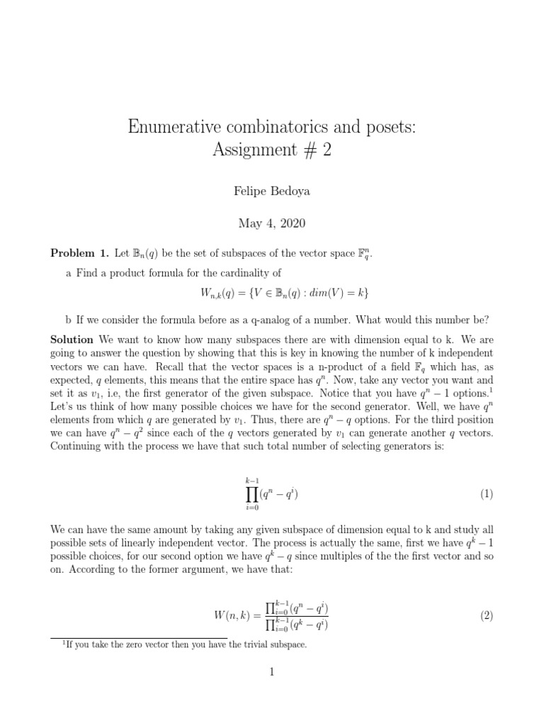 Enumerative Combinatorics and Posets: Assignment # 2: Felipe Bedoya May 4, 2020 | PDF | Vertex ...