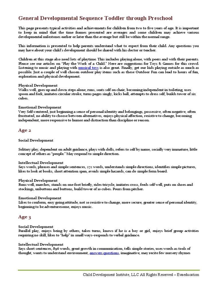 General Developmental Sequence Toddler Through Preschool | Download ...