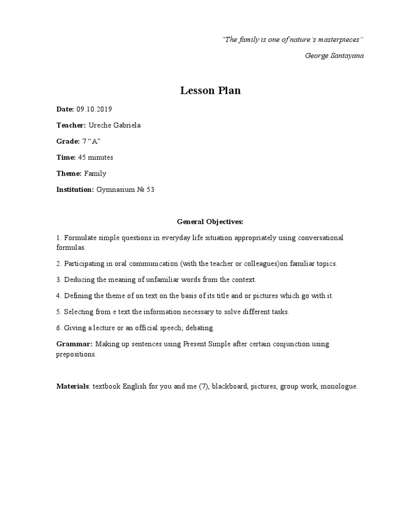 Lesson Plan Family | PDF | Vocabulary | Conversation
