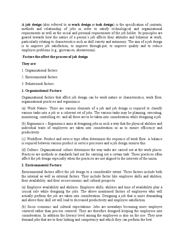 A Job Design (Also Referred To As Work Design or Task Design) Is The ...