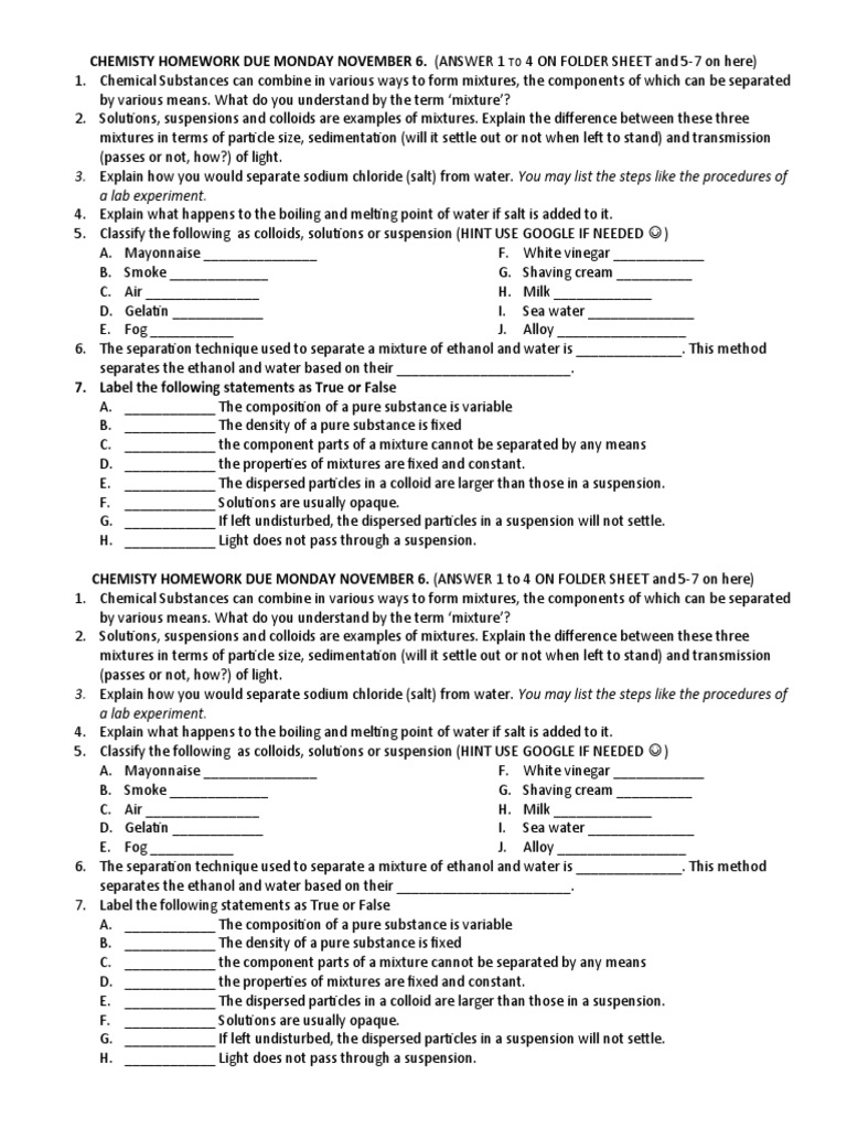CHEMISTY HOMEWORK 3A Separation Techniques | PDF | Suspension ...
