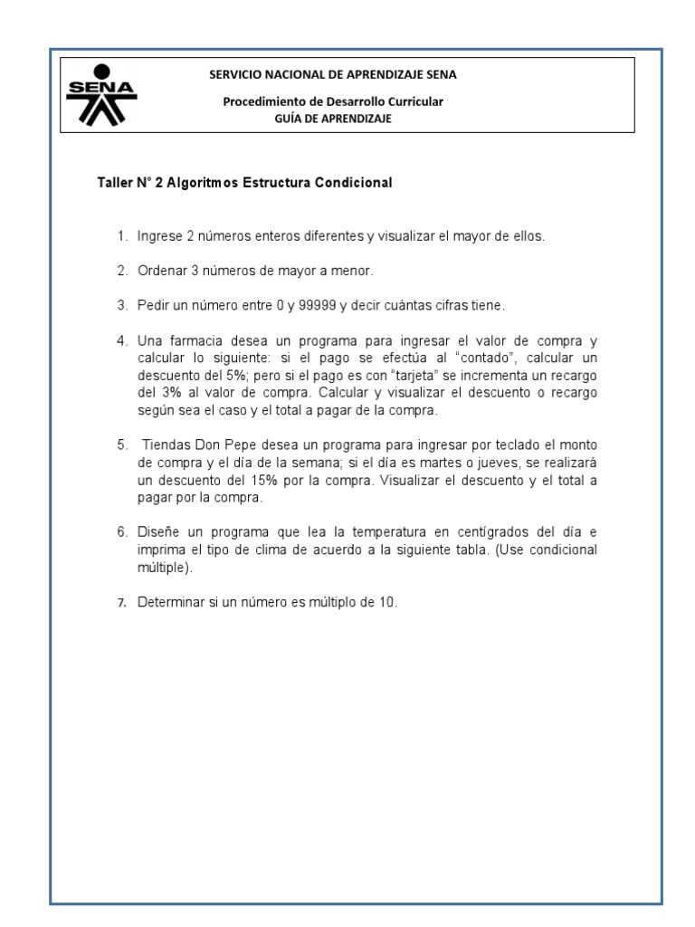 Taller #2 Algoritmos Estructura Condicional | PDF