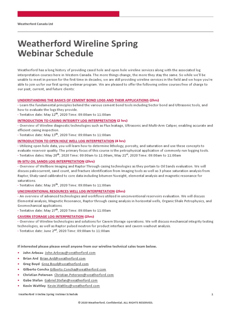 Weatherford Wireline Spring Webinar Schedule | PDF | Fuel Production ...
