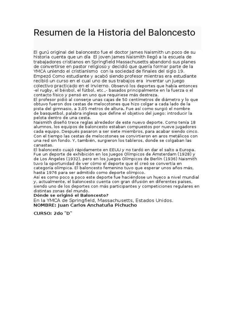 Resumen de La Historia Del Baloncesto PDF