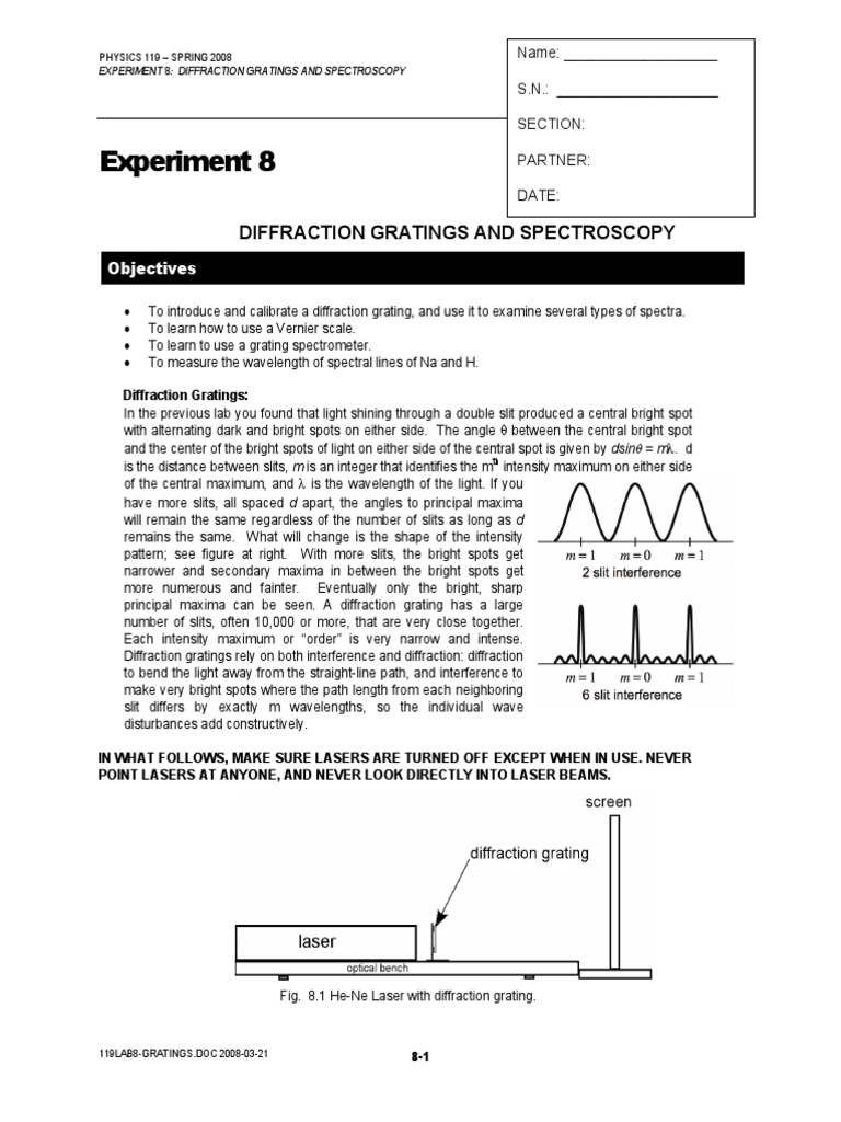 Experiment 8: Diffraction Gratings and Spectros | PDF | Diffraction | Emission Spectrum