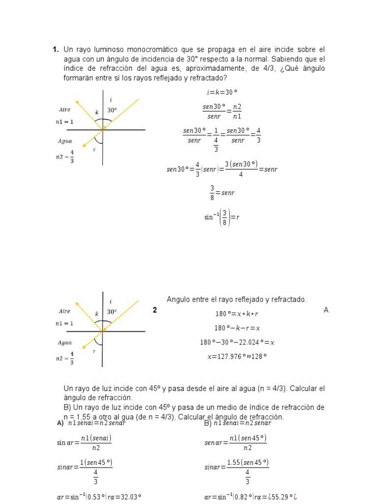 Ejercicios Reflexion y Refraccion | PDF | Refracción | Ligero