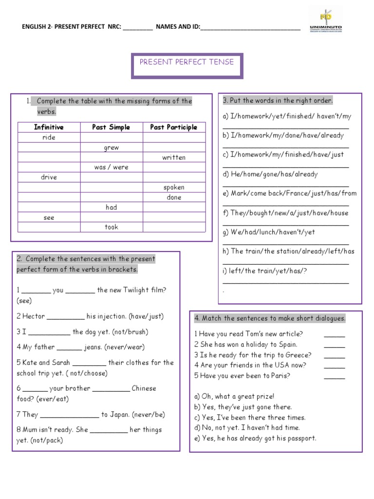 Present Perfect Tense Worksheet | PDF | Perfect (Grammar) | Morphology