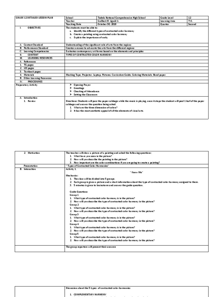 Grade 12 Color Harmony Lesson Plan | PDF | Cognition | Pedagogy
