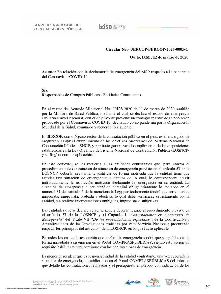 Procedimientos de Emergencia SERCOP | PDF | Esfera pública ...