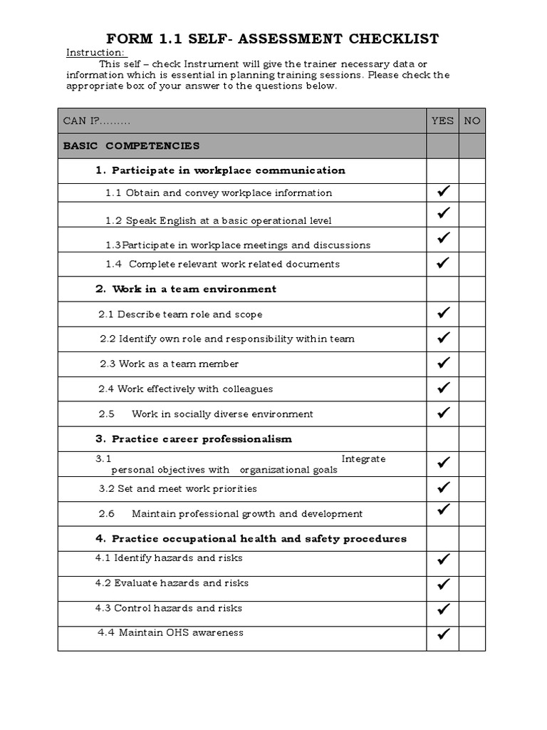 Form 1.1 Self-Assessment Checklist: CAN I?......... Yes No | Download Free PDF | Occupational ...