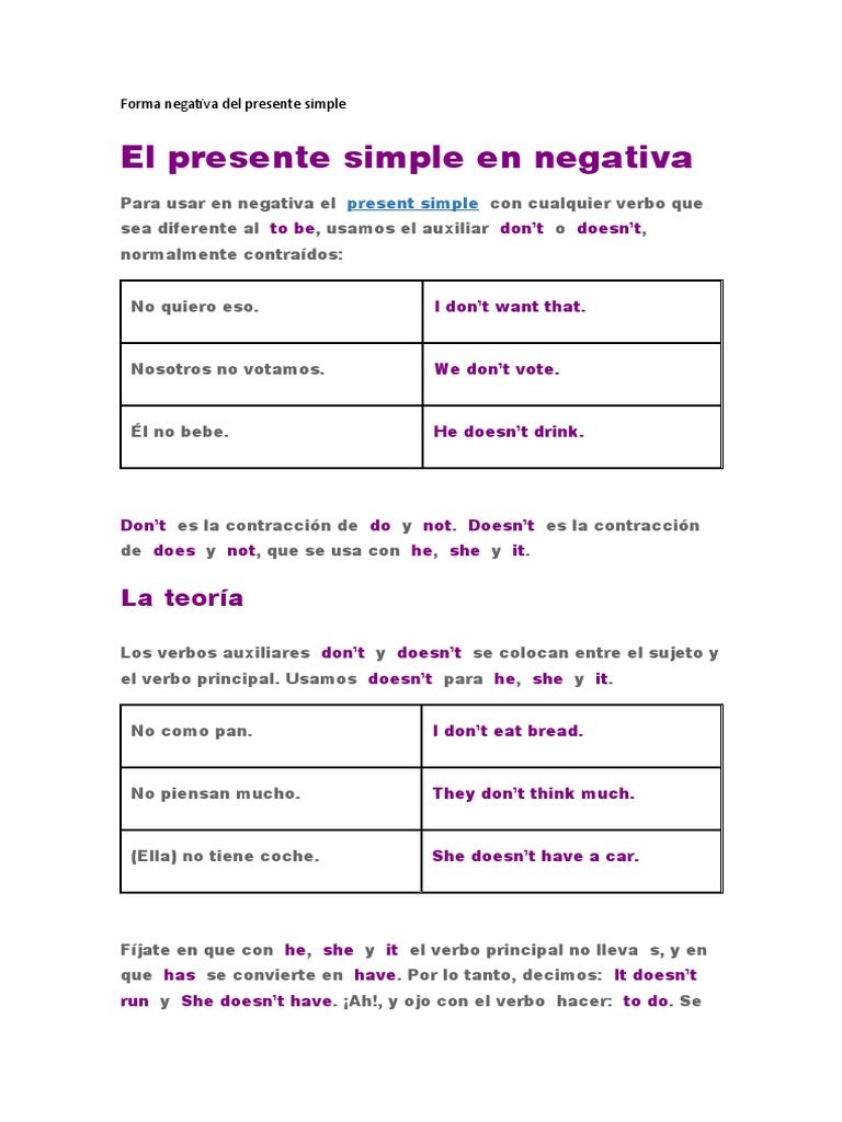 Forma Negativa Del Presente Simple | PDF | Lingüística | Idiomas