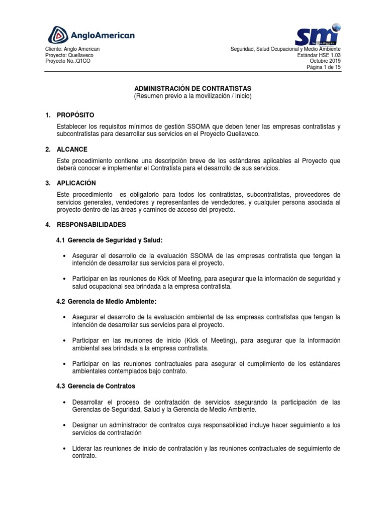 Requisitos de seguridad, salud y medio ambiente para contratistas en el Proyecto Quellaveco ...