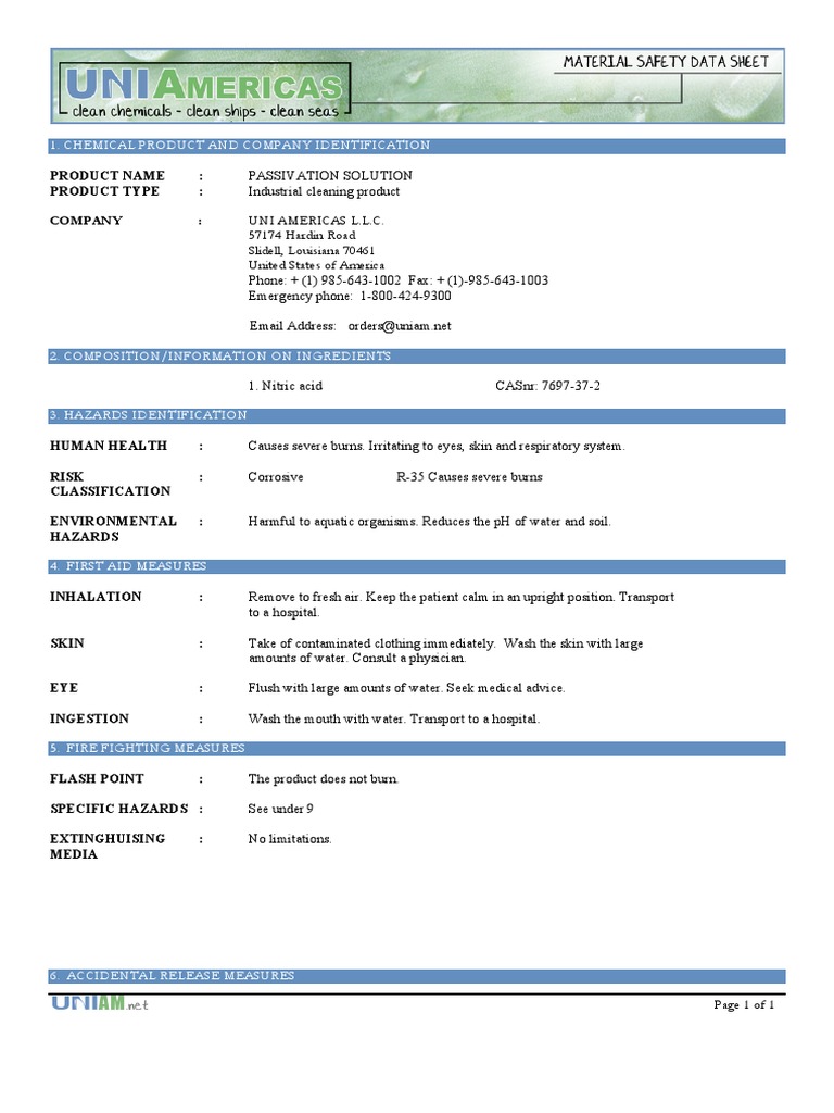 UniAmericas Passivation Solution MSDS | PDF | Water | Chemistry