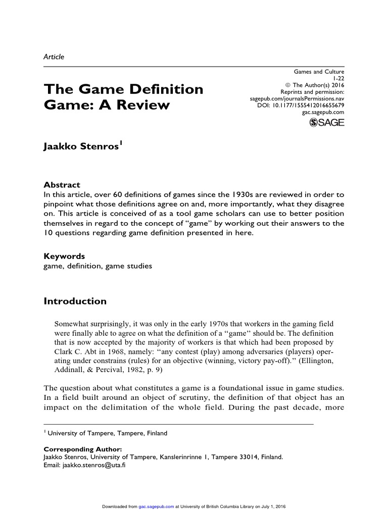 The Game Definition Game: A Review: Jaakko Stenros | PDF | Definition ...