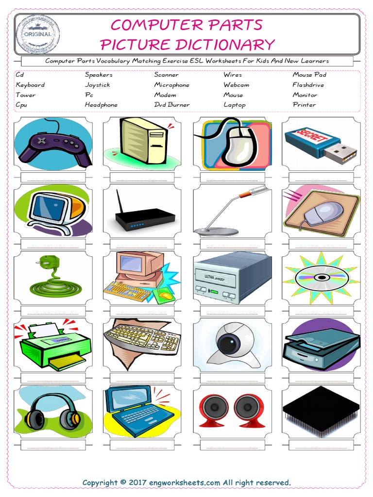 Computer Parts Vocabulary Matching Exercise ESL Worksheets For Kids and ...
