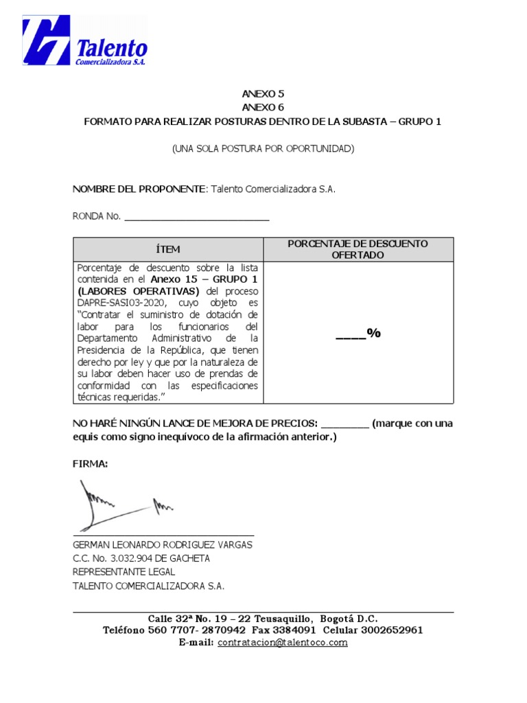 Anexo 6 - Documento para Subasta | PDF