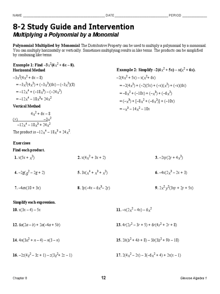 8-2 Study Guide and Intervention: Multiplying A Polynomial by A ...