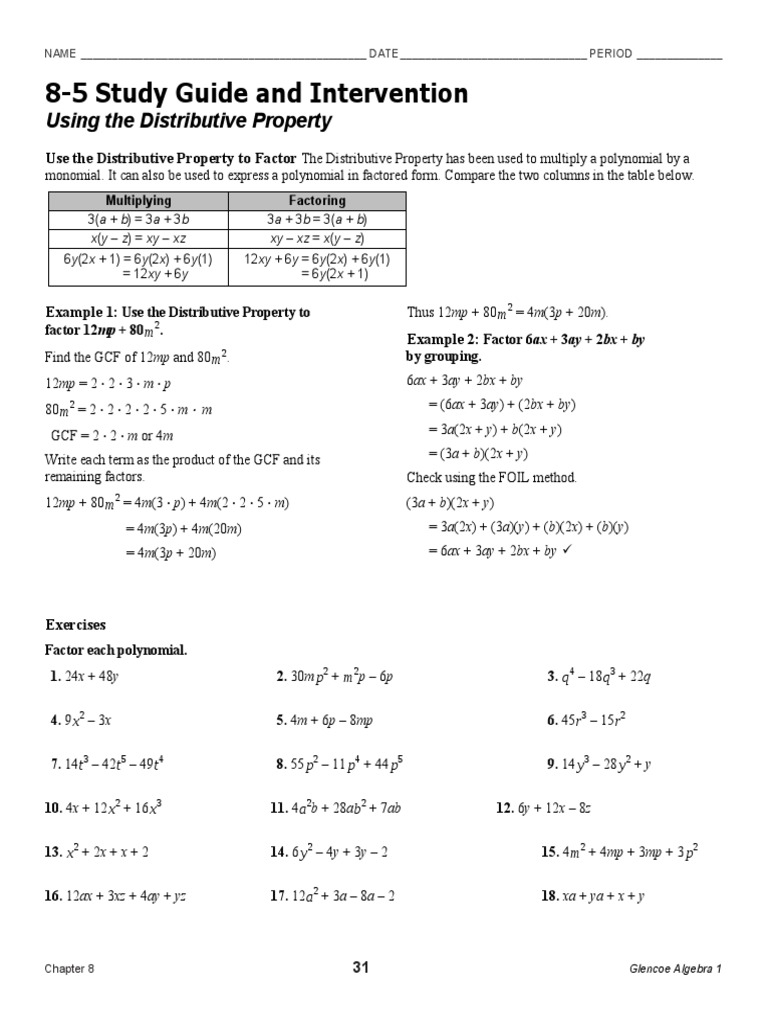 8-5 Study Guide and Intervention: Using The Distributive Property | PDF ...