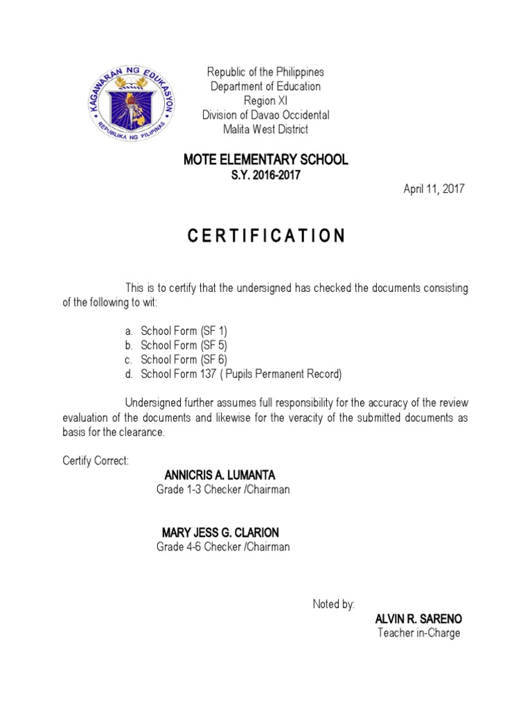 Mote Elementary School Certification 2017 | PDF