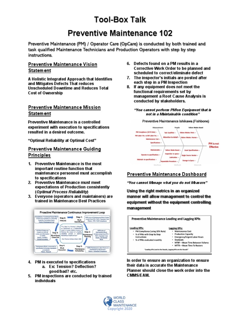 Preventive Maintenance 102 Tool Box Talk Pdf Reliability